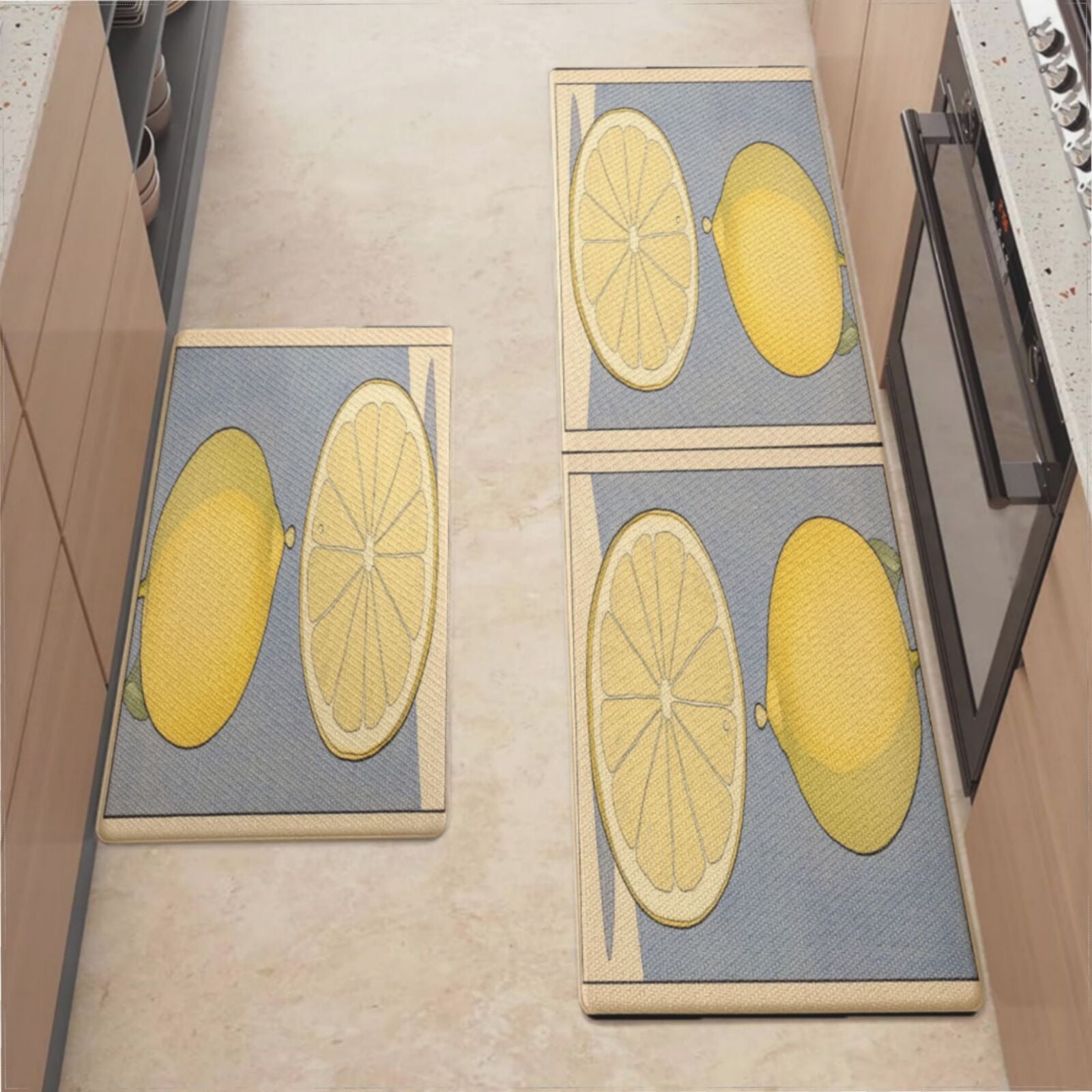 Kitchen Mats For Floor,Whole And Sliced Lemon Illustration Kitchen Rug ...