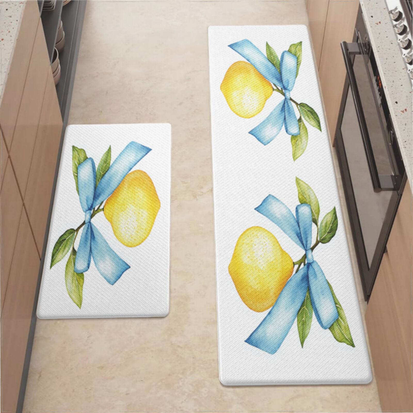 Kitchen Mats For Floor,Yellow Lemon With Blue Bow Kitchen Rug For ...