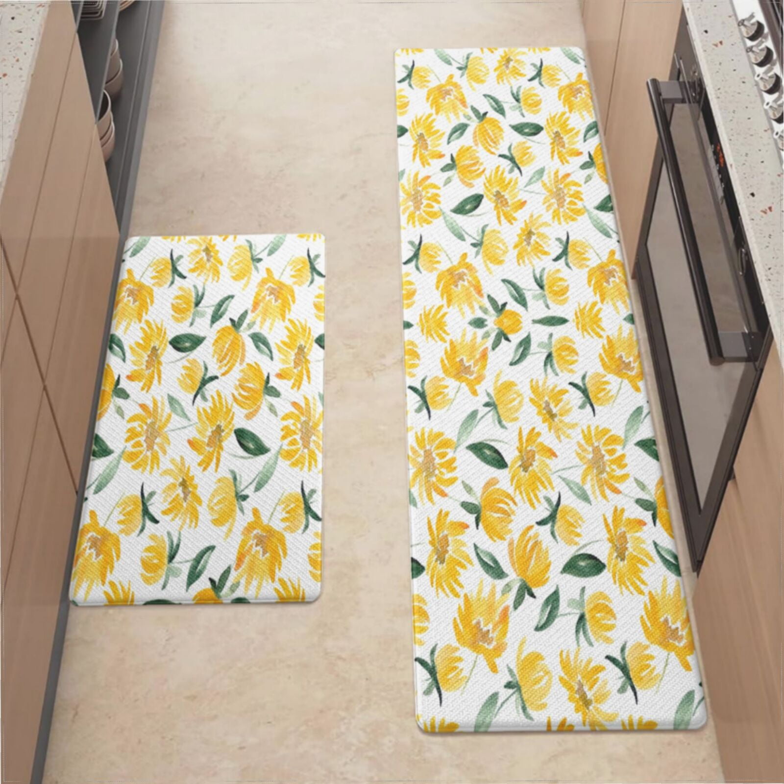 Kitchen Mats For Floor,Yellow Watercolor Flowers And Leaves Kitchen Rug ...