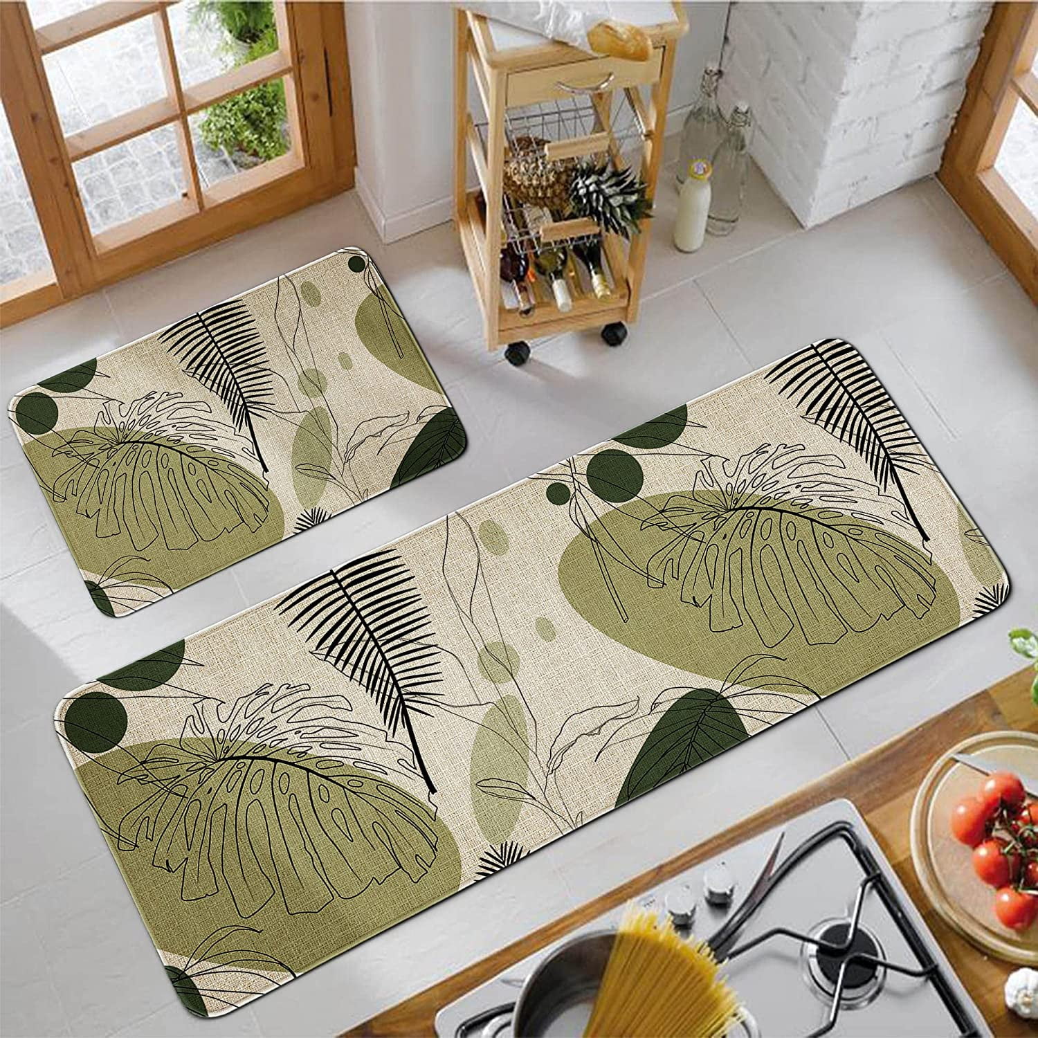 Pionism Boho Palm Tree Leaves Tropical Machine Woven Green Kitchen Mats ...