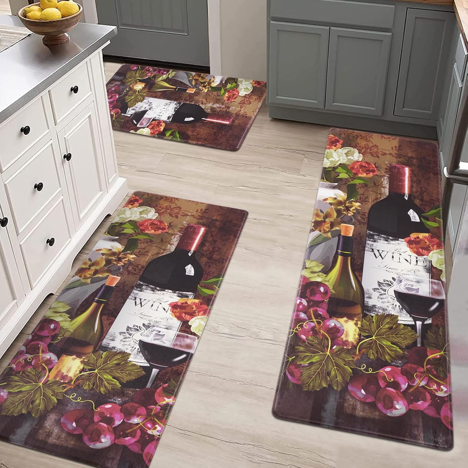 Kitchen Mats Set of 3, Wine Grape Cushioned Anti-Fatigue Kitchen Rugs ...