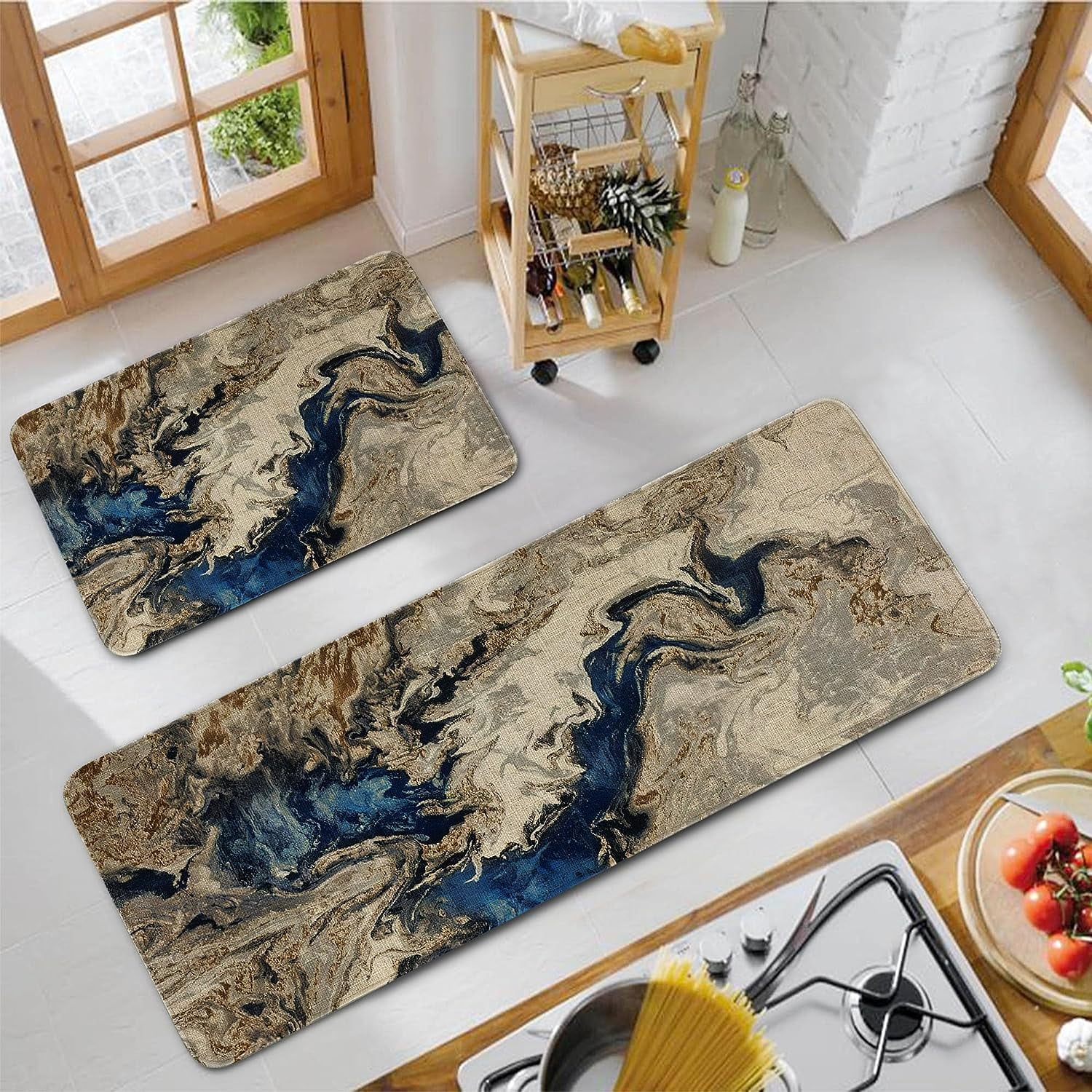 Kitchen Mats for Floor Set of 2 Pieces Marble Pattern Kitchen Rugs and ...
