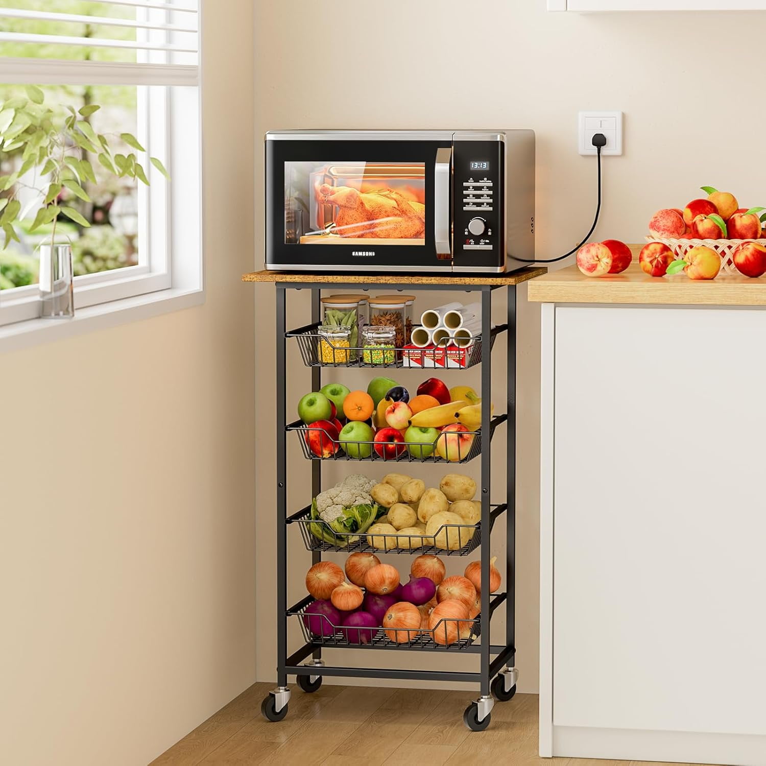 Kitchen Microwave Cart with Fruit Baskets, 5 Tier Microwave Table Stand ...