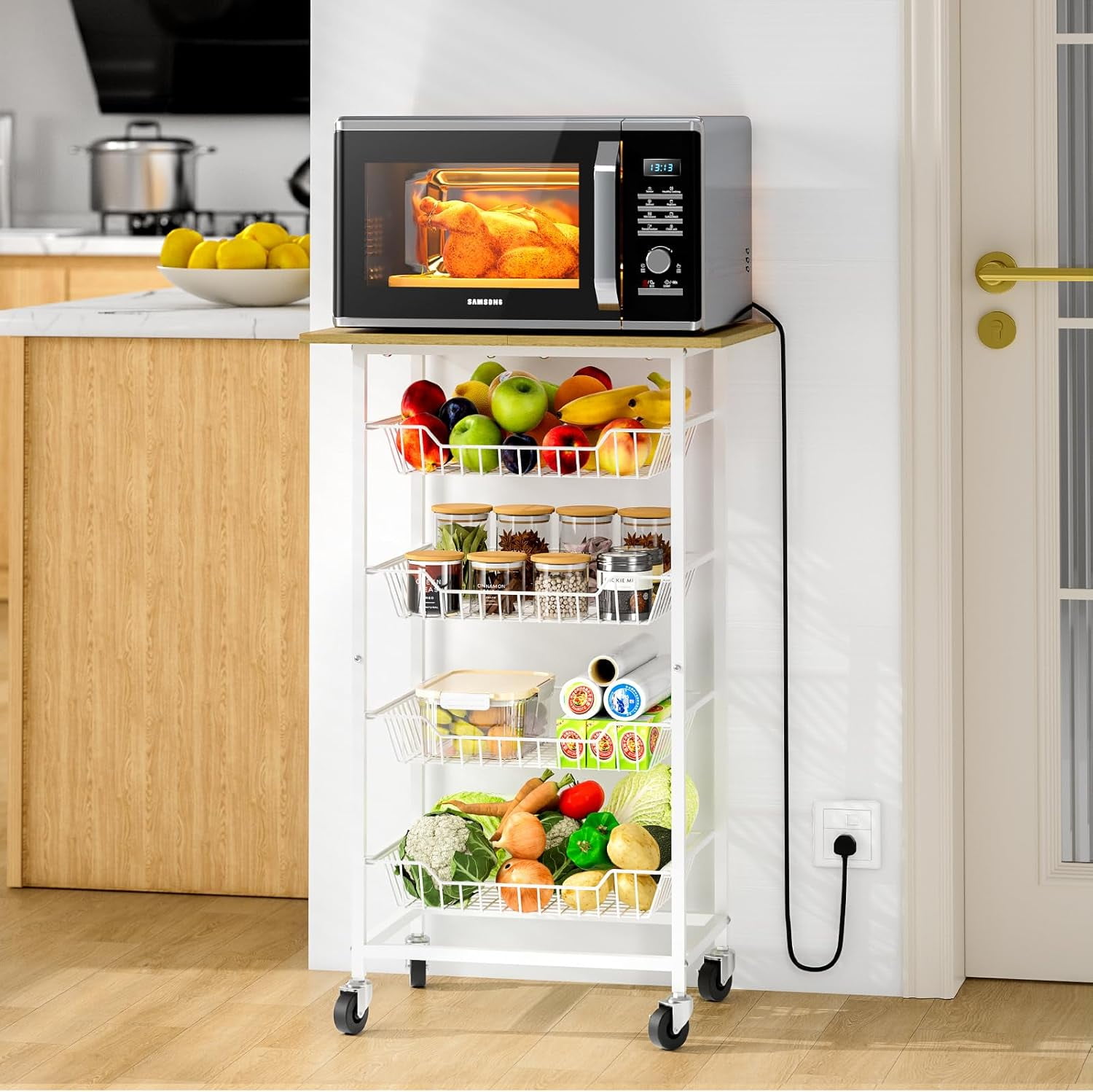 Kitchen Microwave Cart with Fruit Baskets, 5 Tier Microwave Table Stand ...