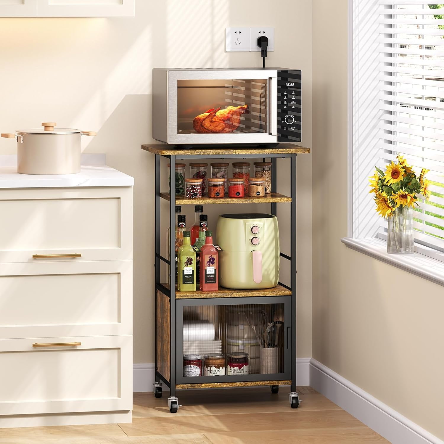 Kitchen Microwave Cart with Single Door Cabinet,4 Tier Rolling ...