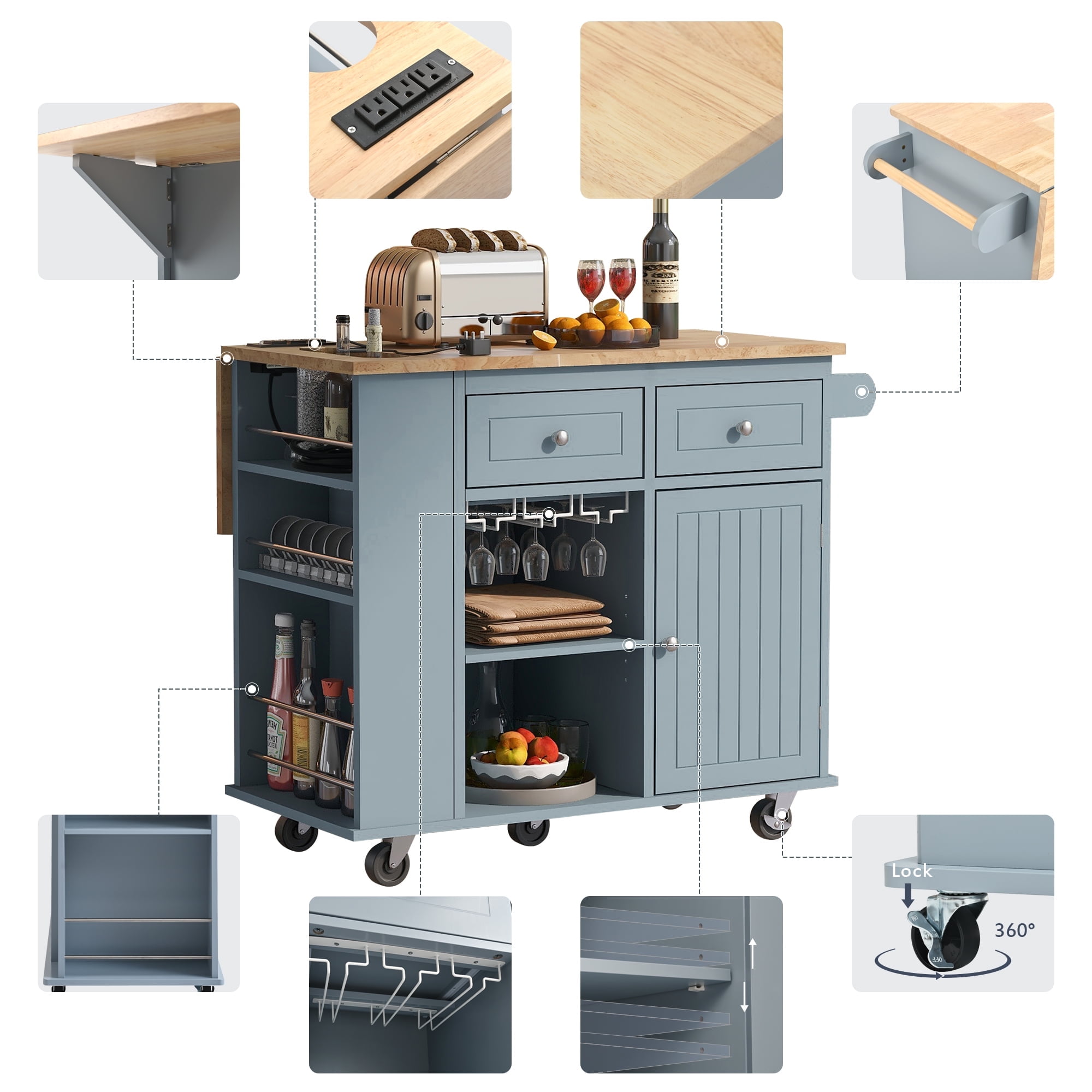 Kitchen Mobile Cart with Drop Leaf Breakfast Bar Power Outlet Open ...
