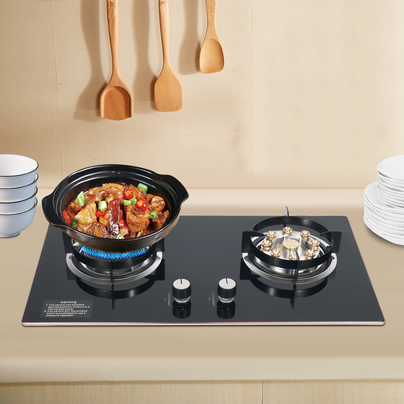 Kitchen Natural Gas Cooker Gas Cooktop Stove Top 2 Burners Built-in NG ...