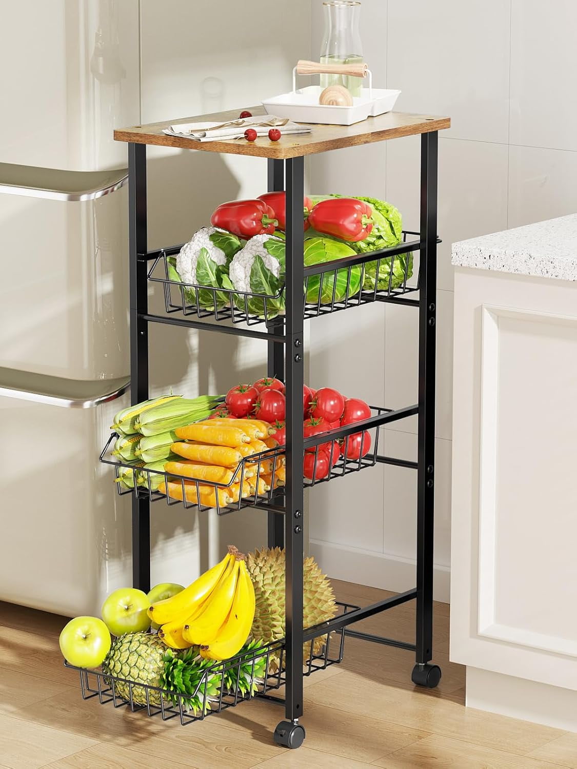 Kitchen Organizer and Storage Cart, 4-Tier Rolling Utility Cart with ...