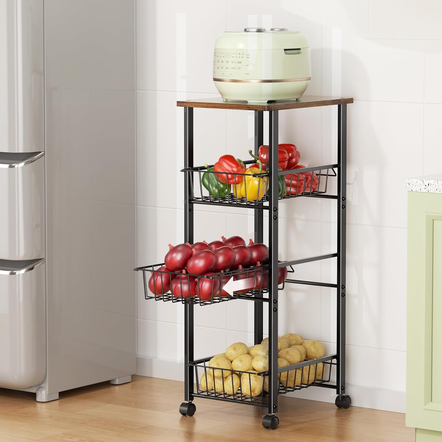 Kitchen Organizer and Storage Cart, 4-Tier Rolling Utility Cart with ...