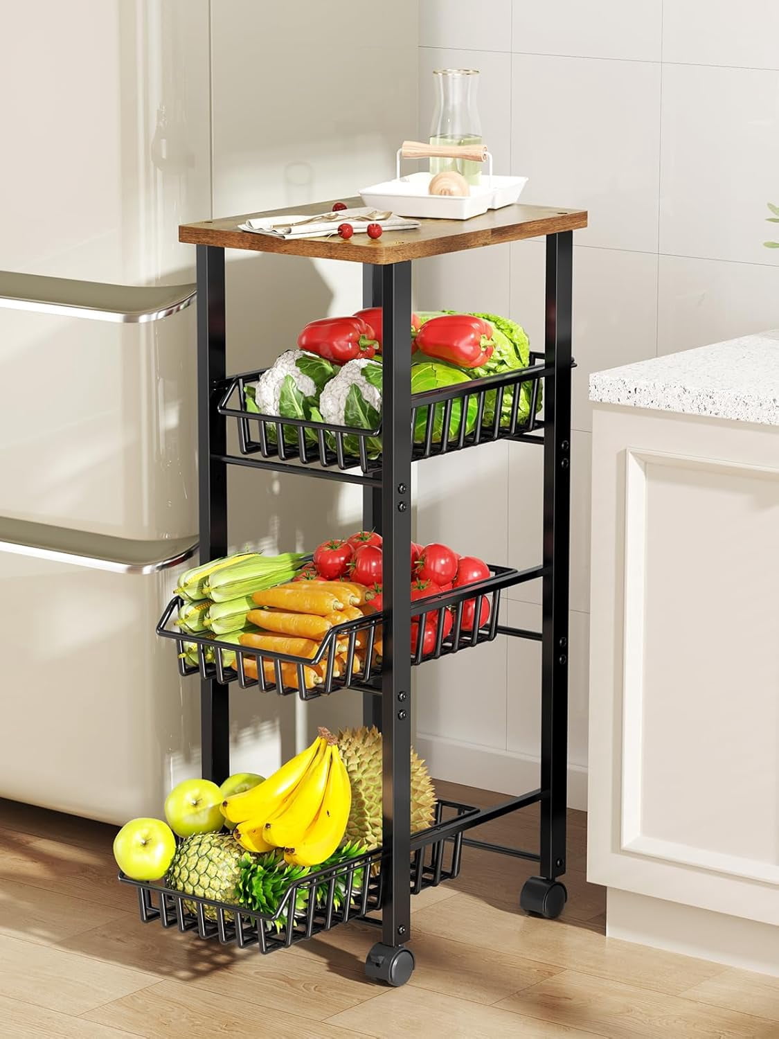 Kitchen Organizer and Storage Cart, 4-Tier Rolling Utility Cart with ...