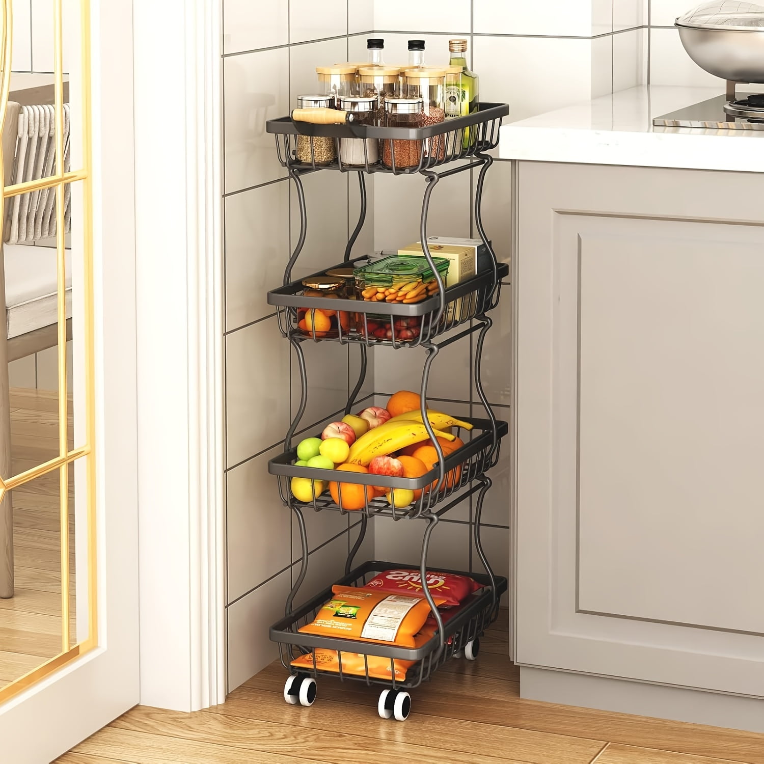 The Kitchen Organizer Uses A Fruit And Vegetable Basket, A 4-layer ...