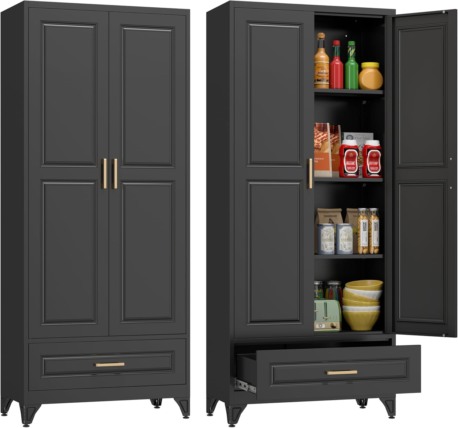 Kitchen Pantry Cabinet, 75" Tall Pantry Cabinet with Drawer, Metal ...