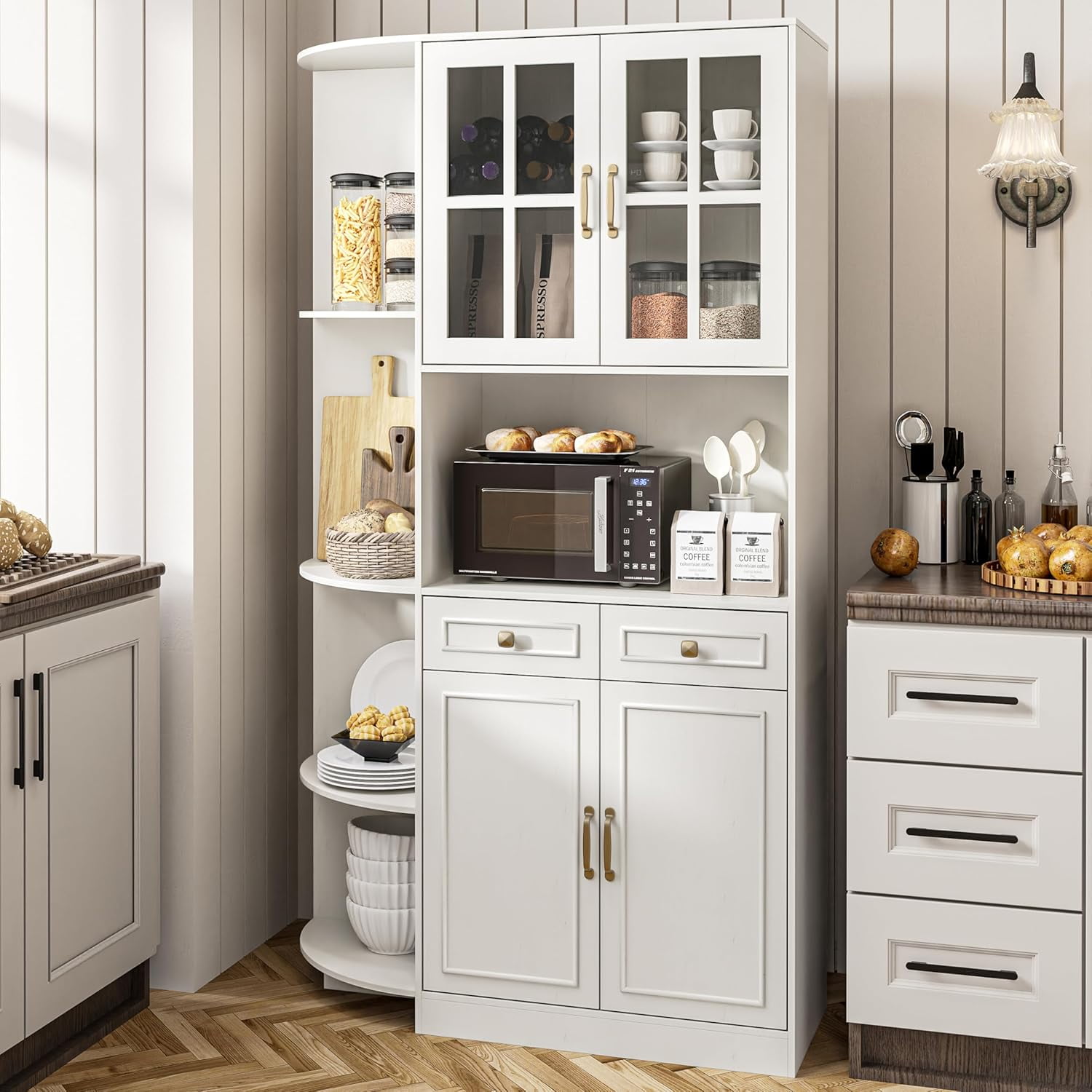 Kitchen Pantry Cabinet with Charging Station, 71" Tall Modern Farmhouse ...