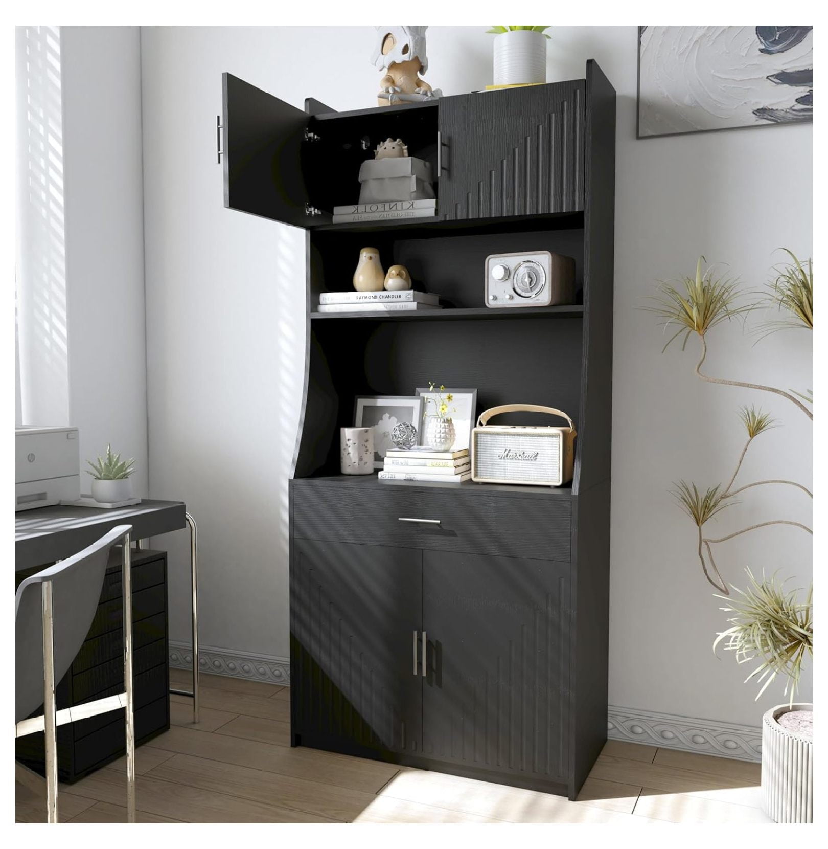 Kitchen Pantry Cabinet with Drawer & Open Shelf, Modern Black Kitchen ...