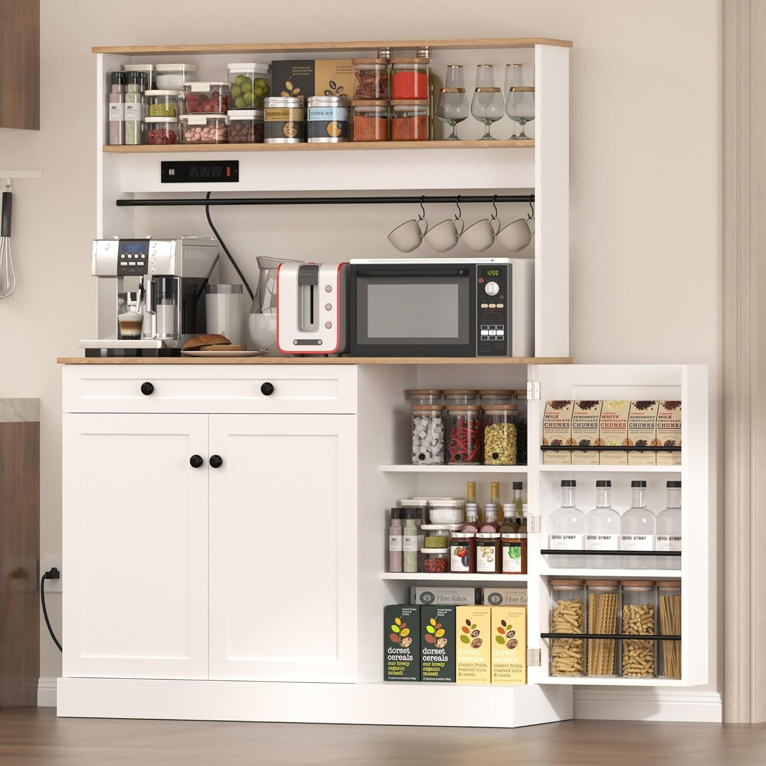 Kitchen Pantry Cabinet,Kitchen Hutch Cabinet with Power Outlets,Doors ...