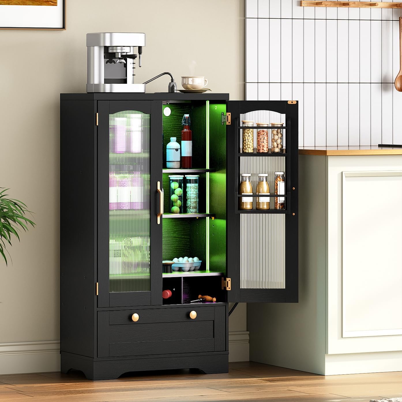 Kitchen Pantry Cabinet with LED Lights and Charging Station ...