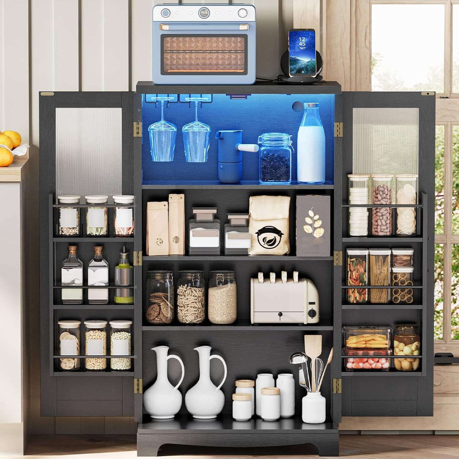 Kitchen Pantry Cabinet with LED Lights and Power Outlet, Freestanding ...