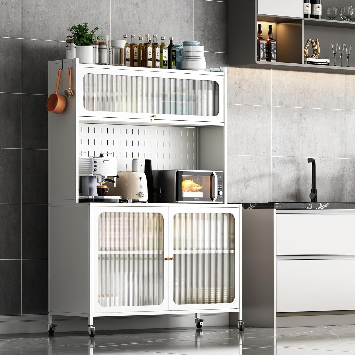 Kitchen Pantry Cabinet with Microwave Shelf, 64" Tall Hutch Cabinet ...