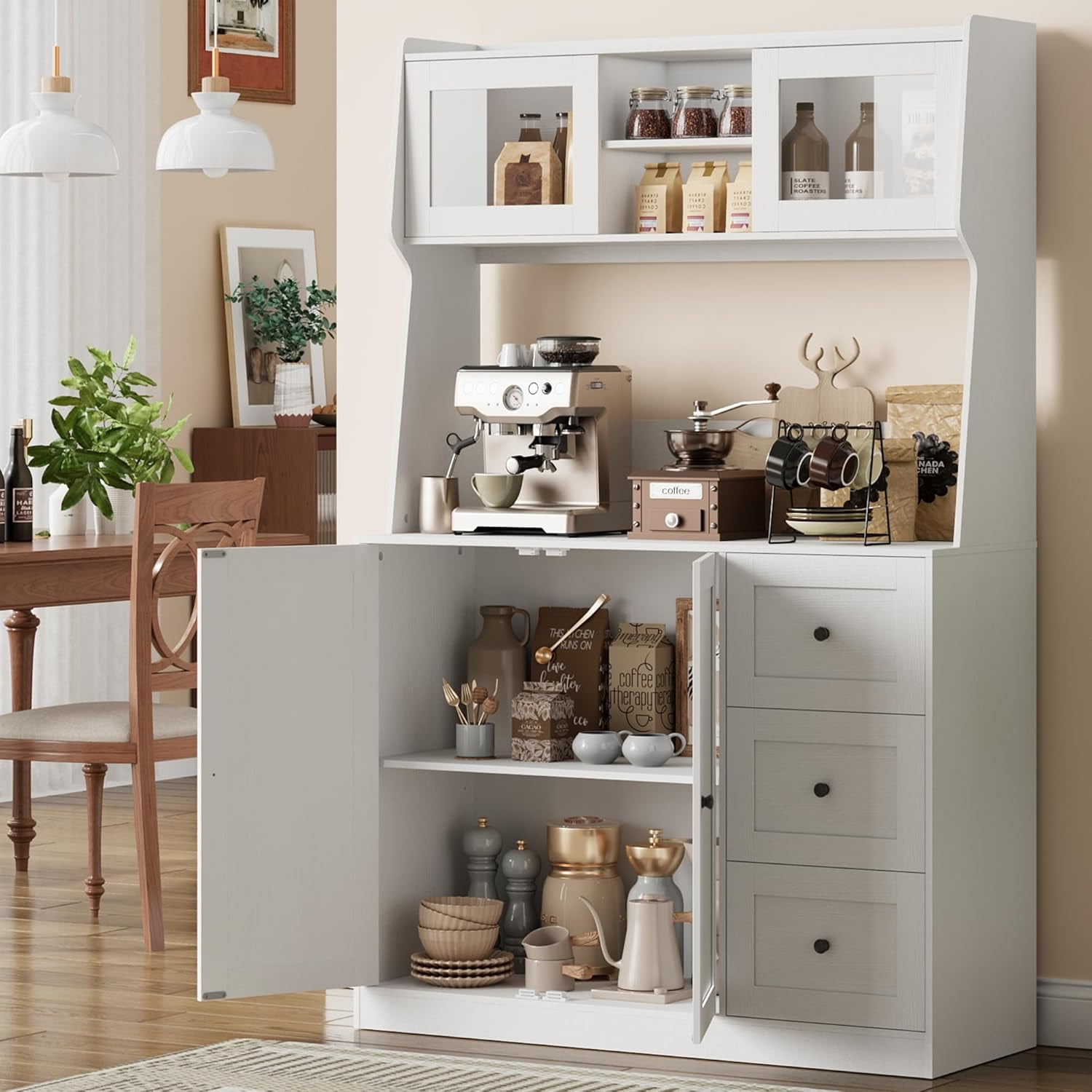 Kitchen Pantry Cabinet with Microwave Stand, Freestanding Kitchen Hutch ...