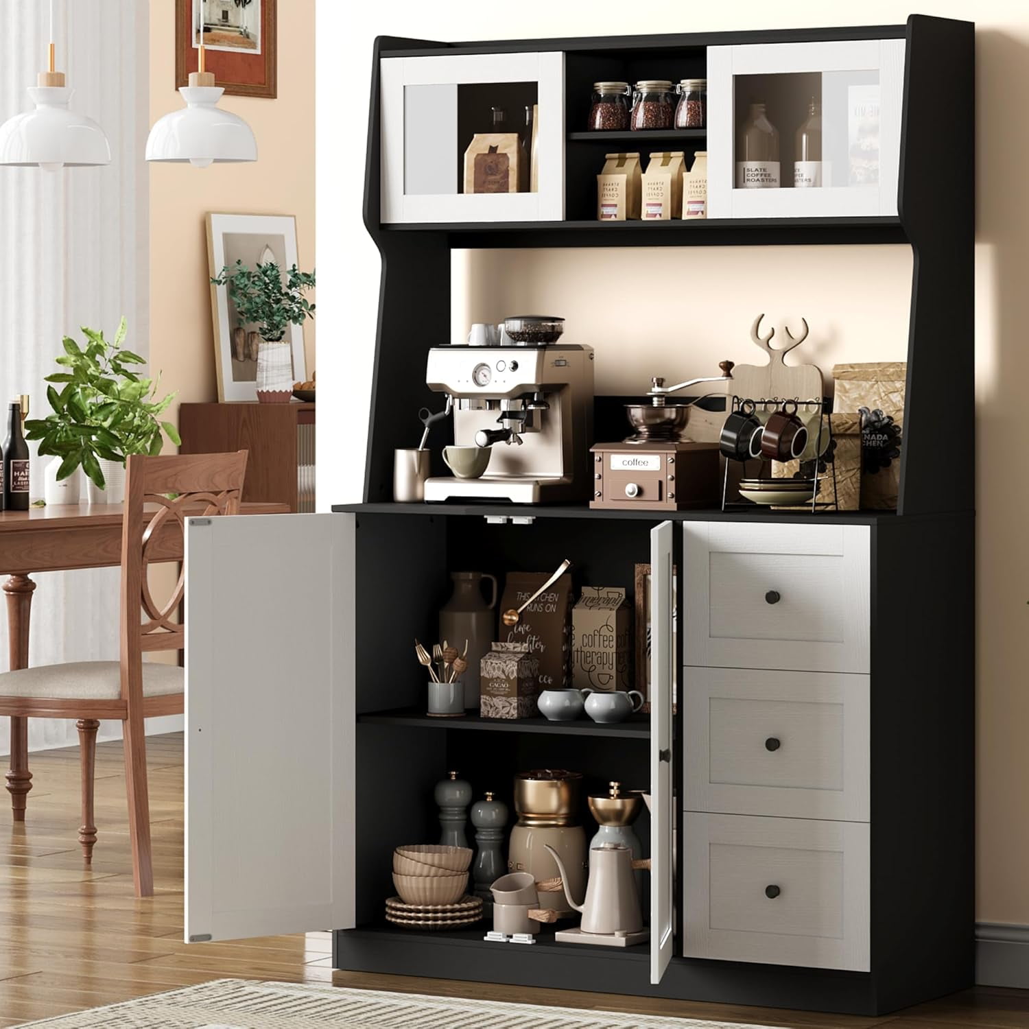Kitchen Pantry Cabinet with Microwave Stand, Freestanding Kitchen Hutch ...