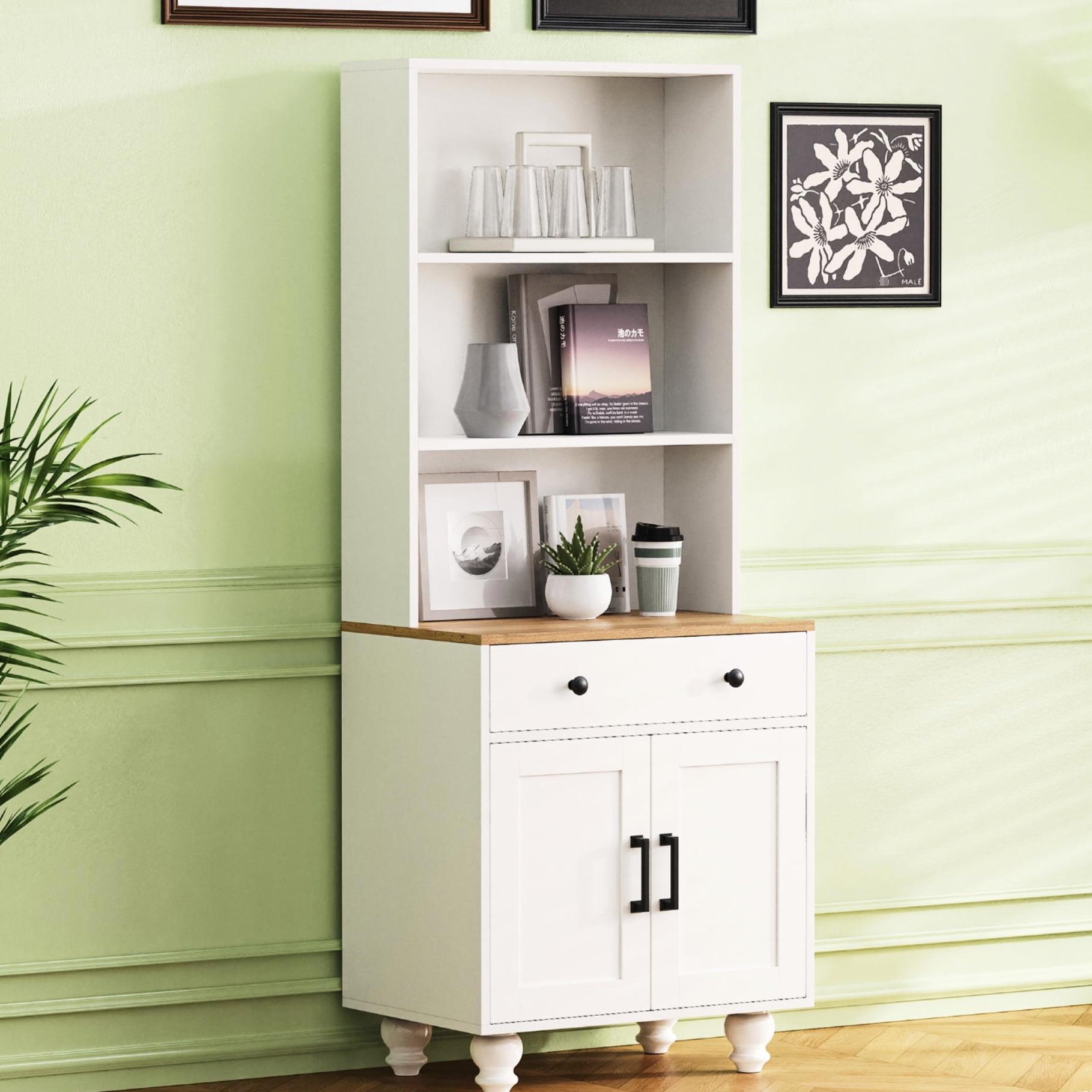Kitchen Pantry Cabinet With Solid Wood Legs And Large Storage, White ...