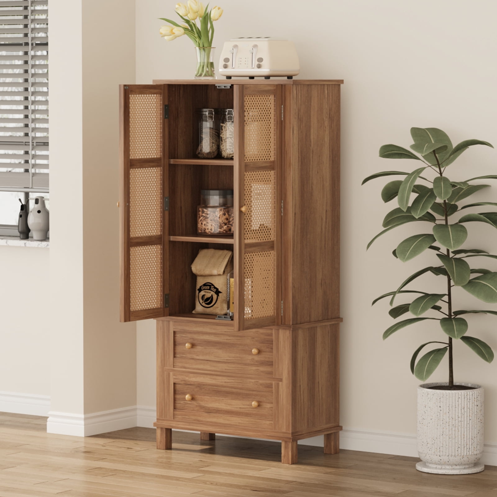 Kitchen Pantry Cabinet, Tall Storage Cabinet with Rattan Doors Utility ...