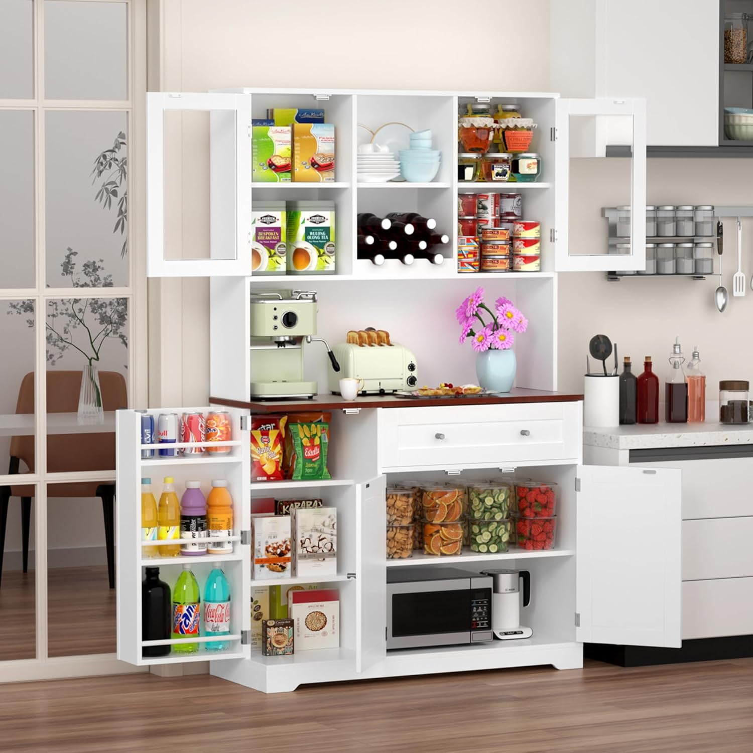Kitchen Pantry Cabinet with Wine Rack, Modern Buffet Cabinet with ...