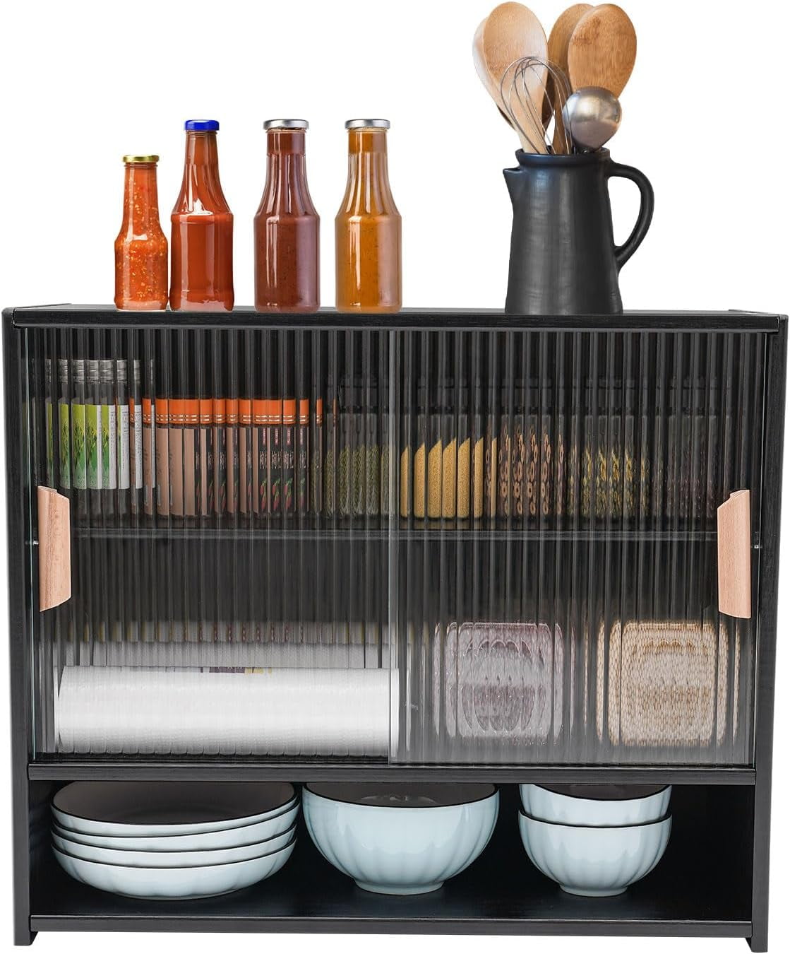 Kitchen Pantry Sideboard, Small Bamboo Storage Cabinet with Sliding ...