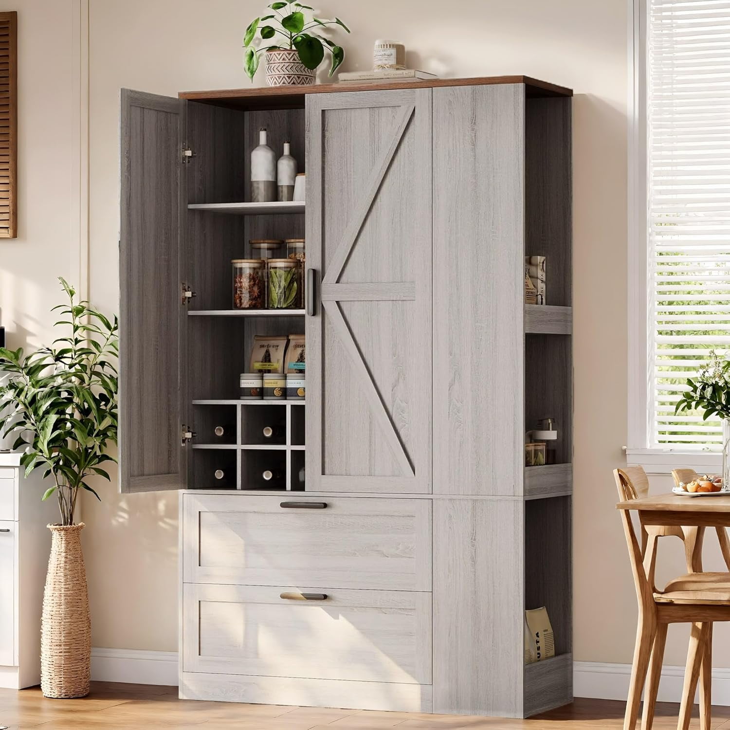 Kitchen Pantry Storage Cabinet with Barn Doors, Adjustable Shelves ...