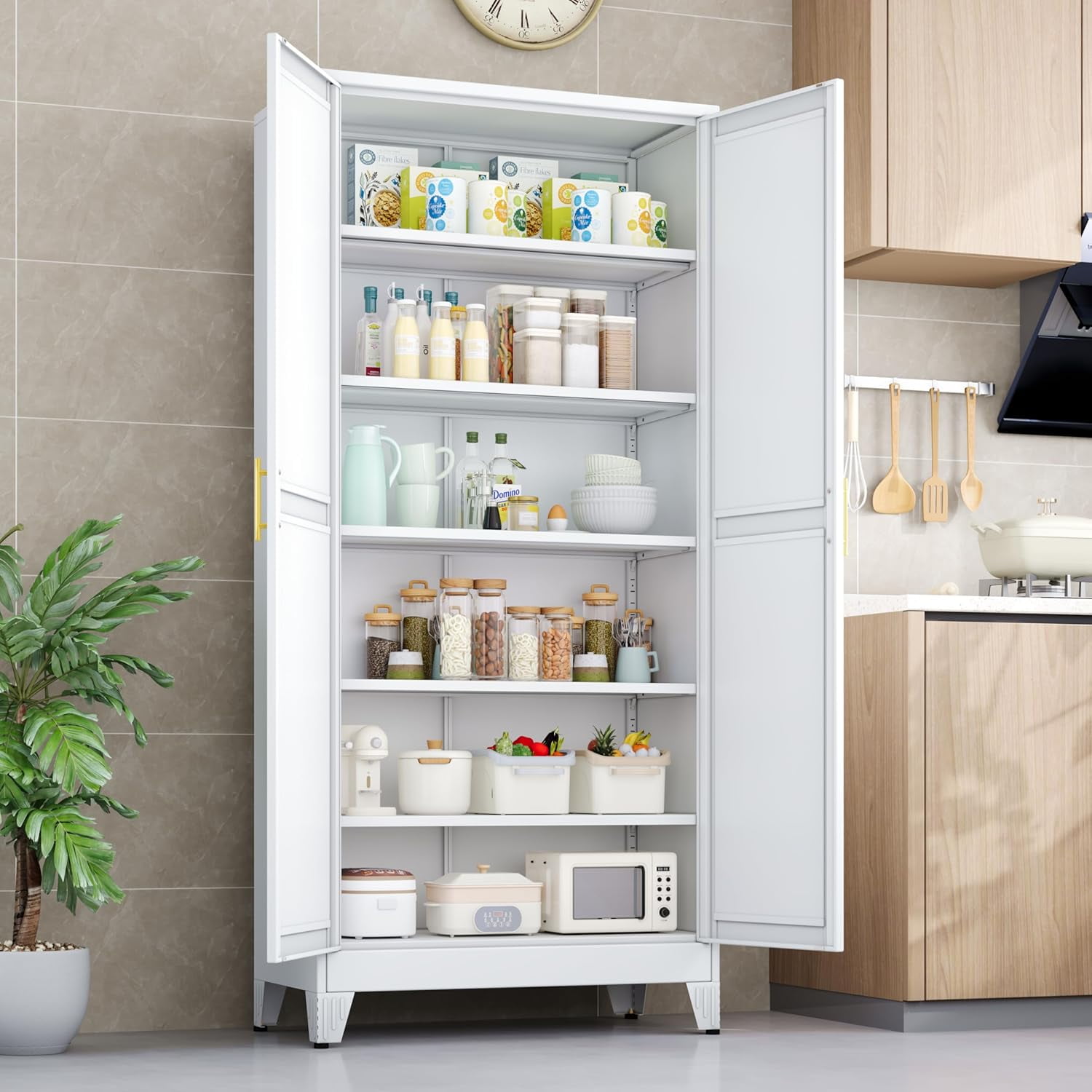 Kitchen Pantry Storage Cabinet with Doors and Adjustable Shelves, Metal ...