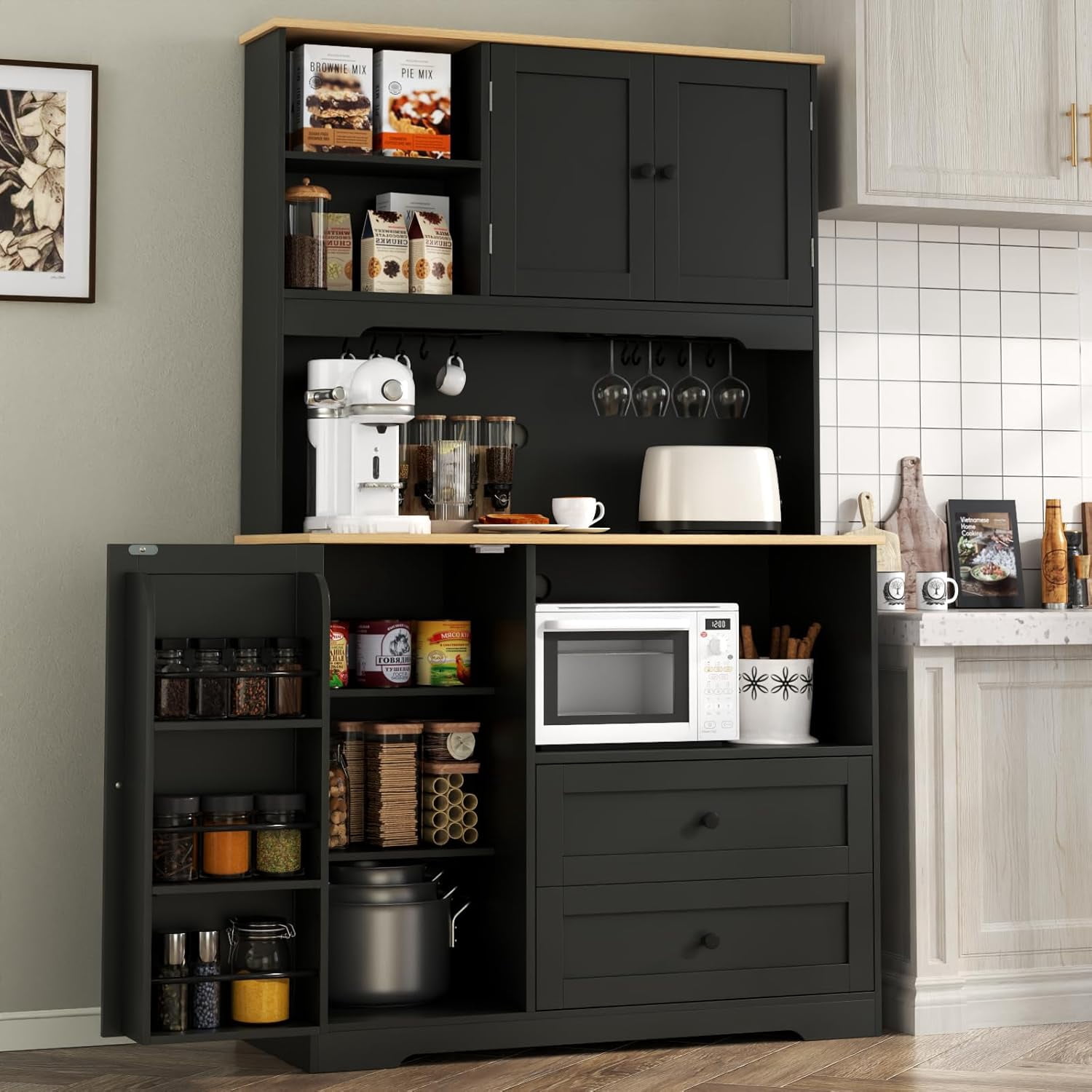 Kitchen Pantry Storage Cabinet, Freestanding Buffet Cabinet with Wine ...
