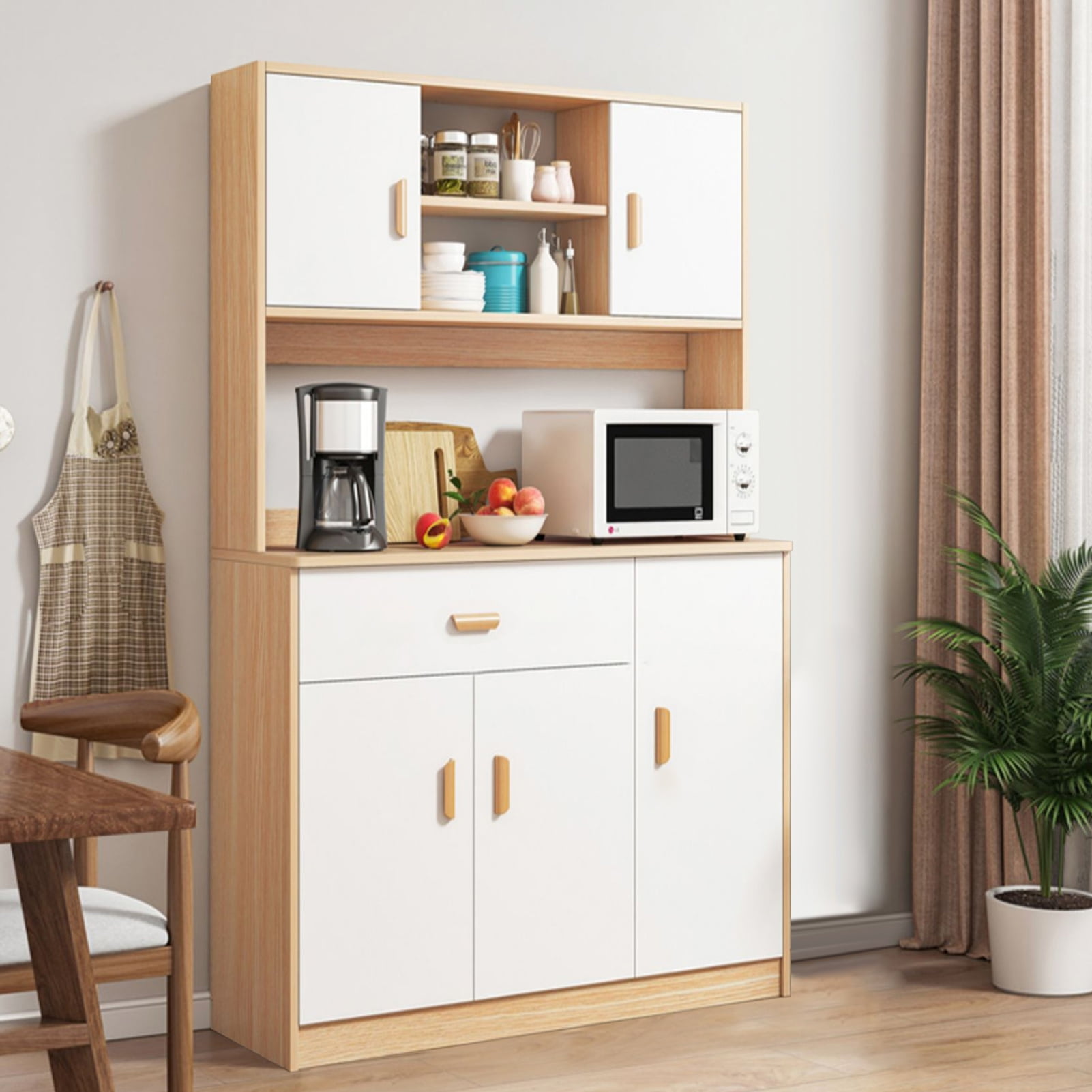 Kitchen Pantry Storage Cabinet with Hutch, Microwave Stand and Drawers ...
