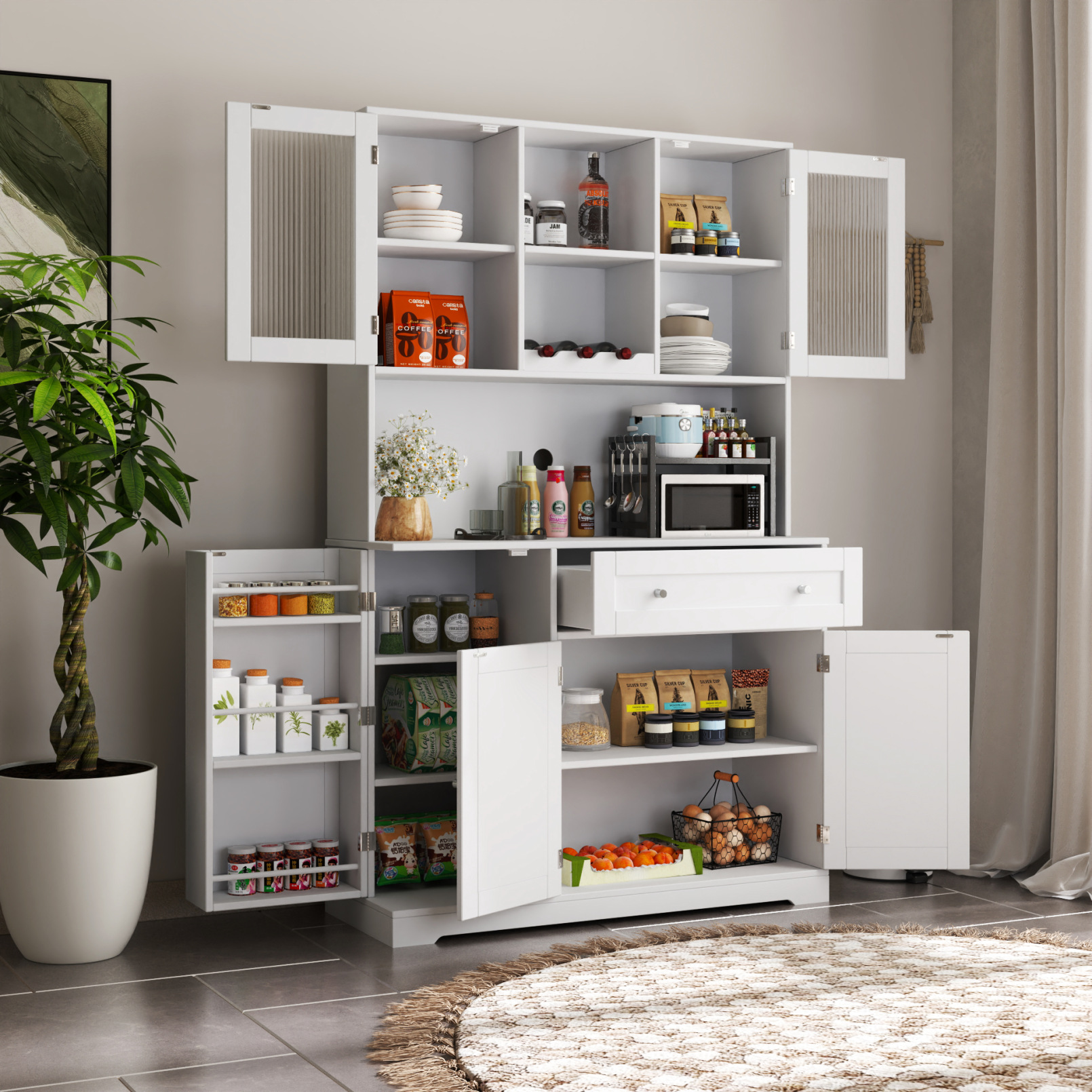Kitchen Pantry Storage Cabinet with Hutch, Modern Buffet Cabinet for ...