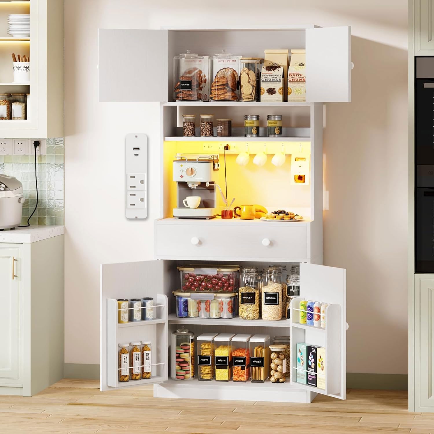 Kitchen Pantry Storage Cabinet with Power Outlet & LED Light, 71" Tall ...