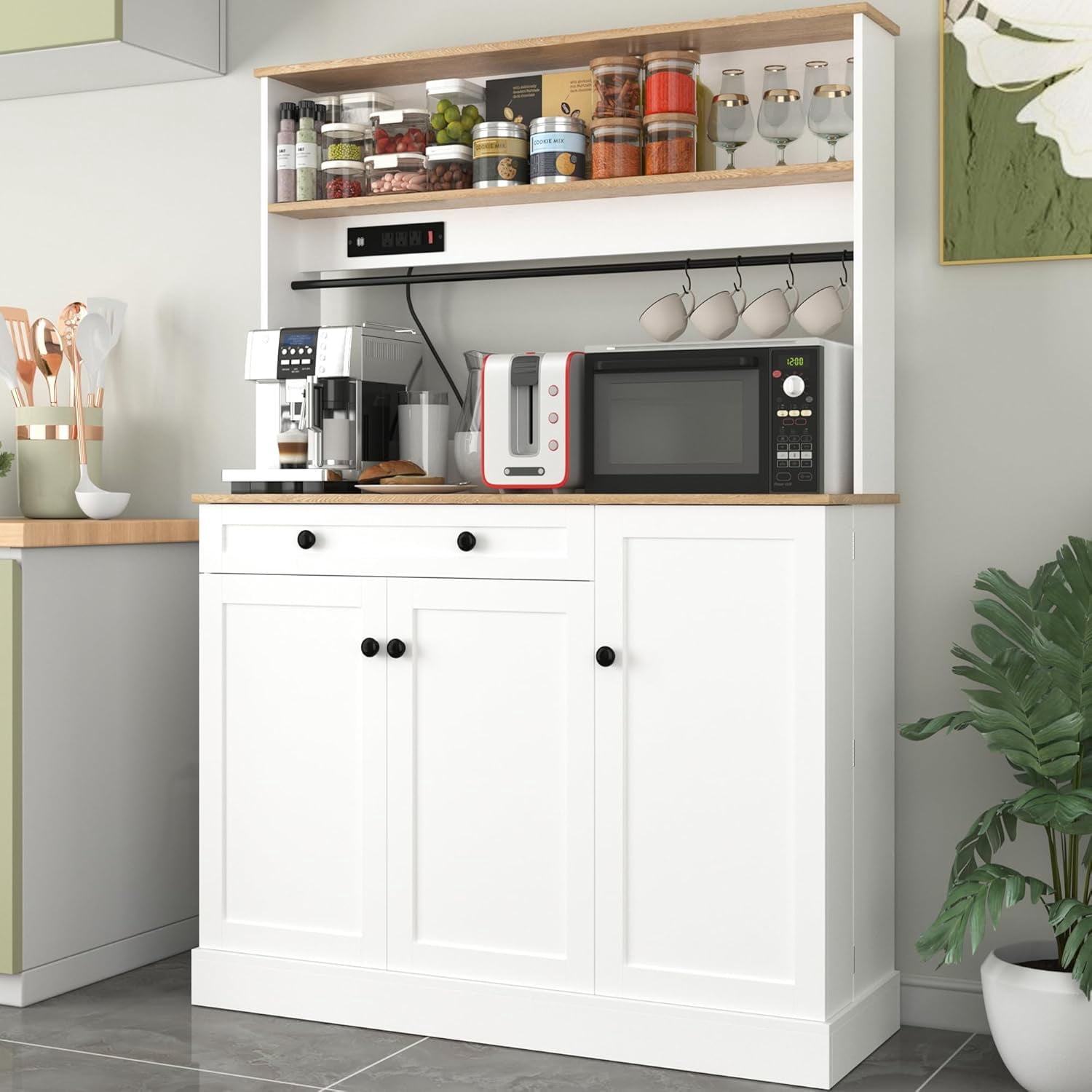 Kitchen Pantry Storage Cabinet with Power Outlets,Farmhouse Food Pantry ...