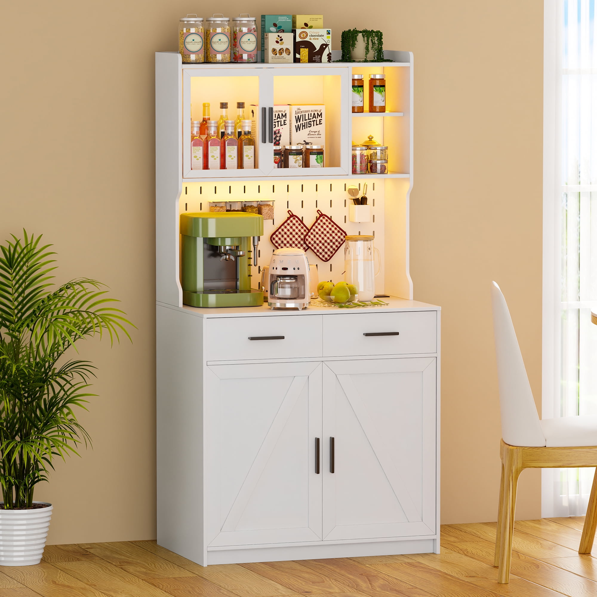 Kitchen Pantry with Auto Sensor LED,Storage Cabinets with 2 Outlets for ...