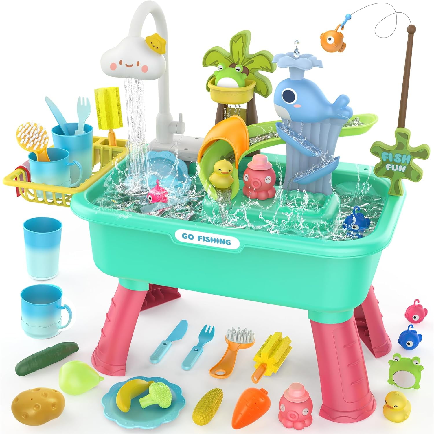 Kitchen Play Sink Toys with Running Water for Kid,4-in-1 Electric Water ...