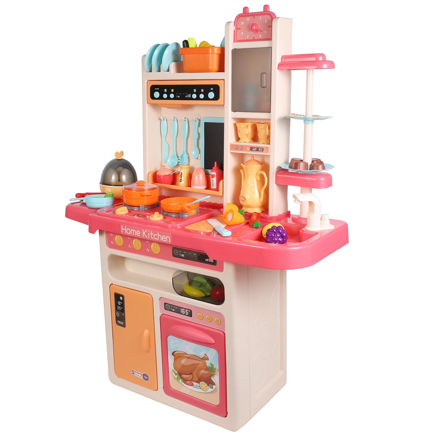 Kitchen Playset for Kids, Pink Kitchen with Realistic Lights & Sounds ...