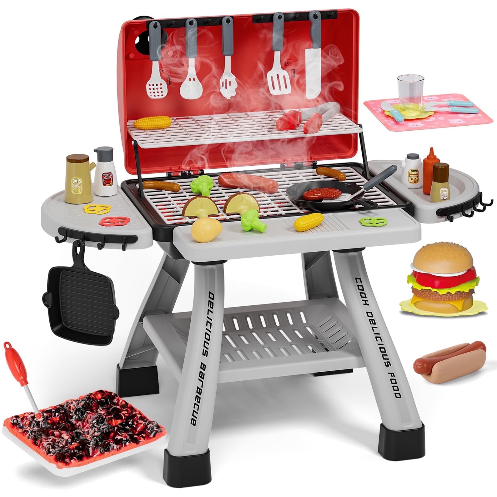 ToyM Kids Grilling Toys, BBQ Grill Playset with Smoke, Sound, Light ...