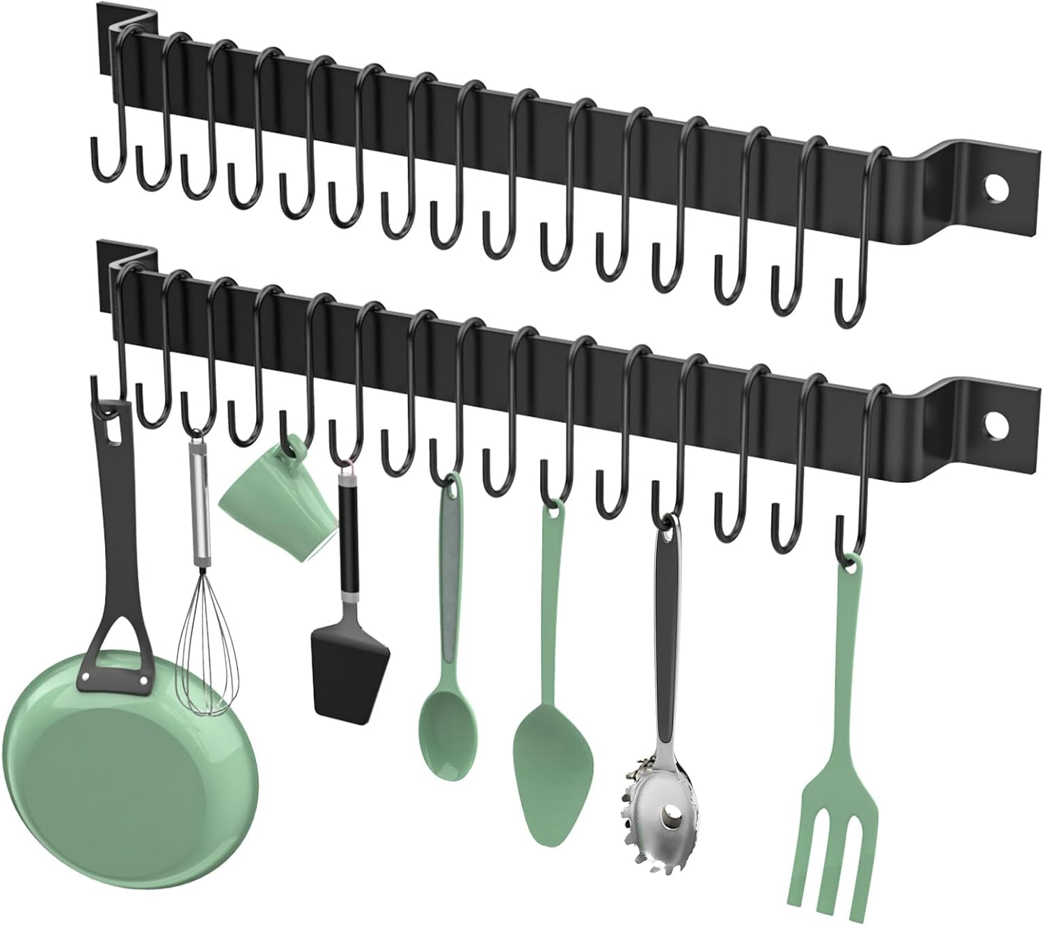 Kitchen Rail with 15 Hooks, 16 Inch Wall Mounted Hanging Utensil Rack ...