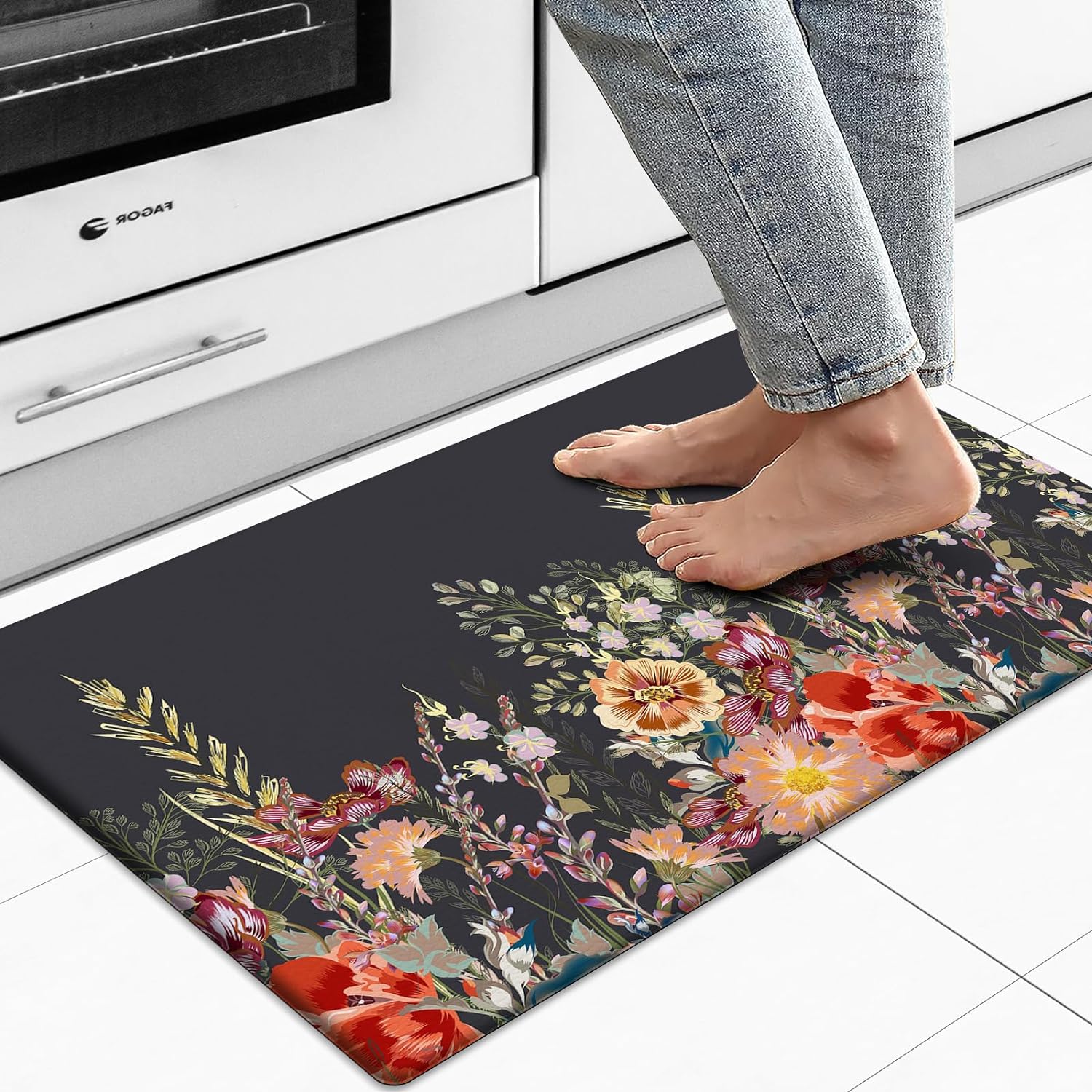 Kitchen Rug Anti Fatigue Kitchen Mat Cushioned Black Floral Plants Cute ...