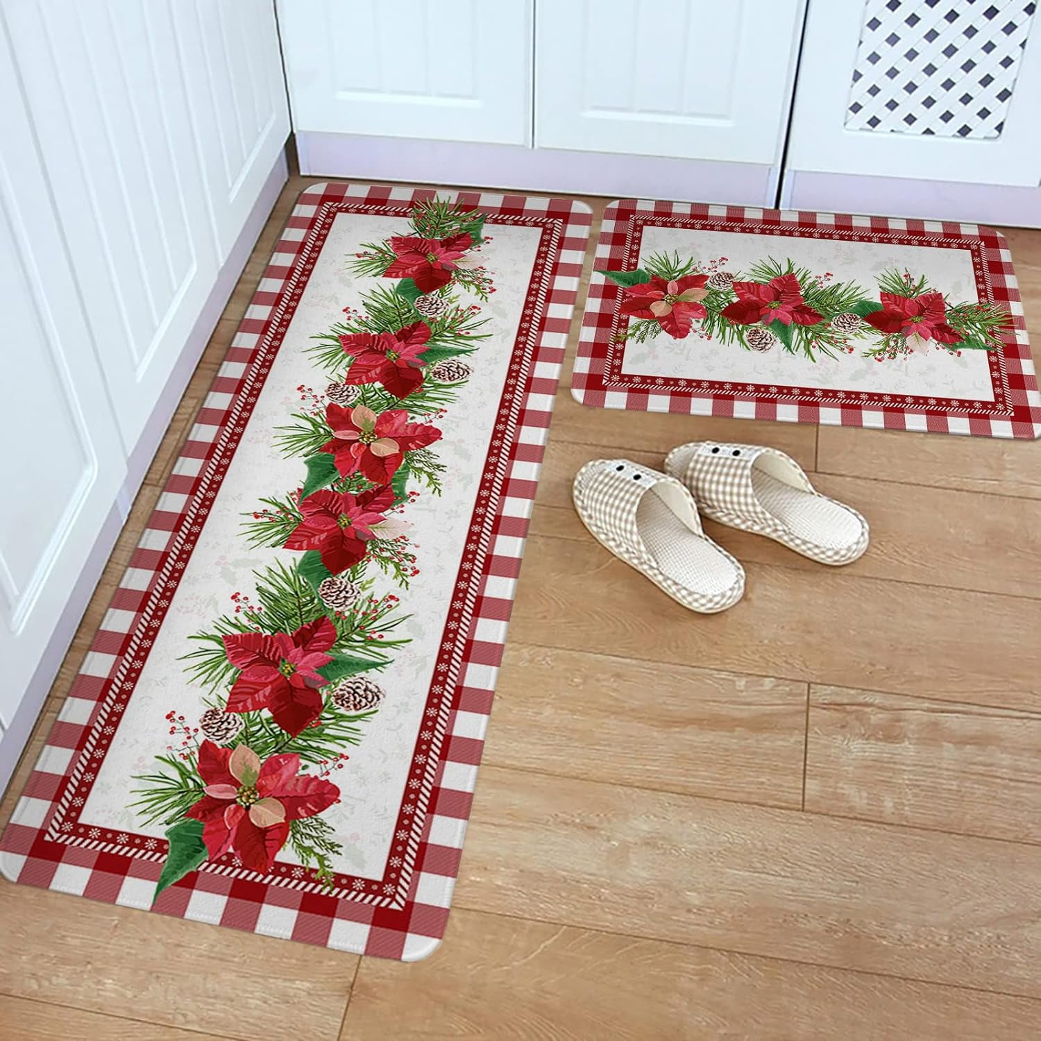 Kitchen Rug Mat Christmas Poinsettia Flower, Set of 2, Anti-Fatigue Non ...