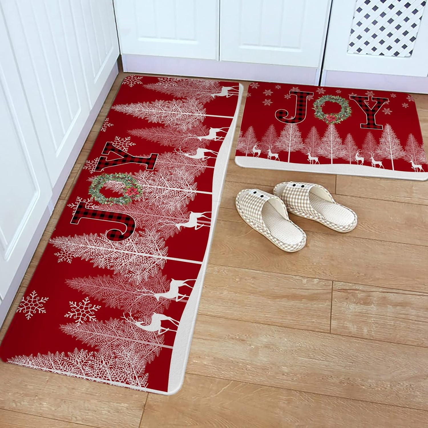 Kitchen Rug Mat Red Christmas Reindeer Wreaths, Set of 2, Anti-Fatigue ...
