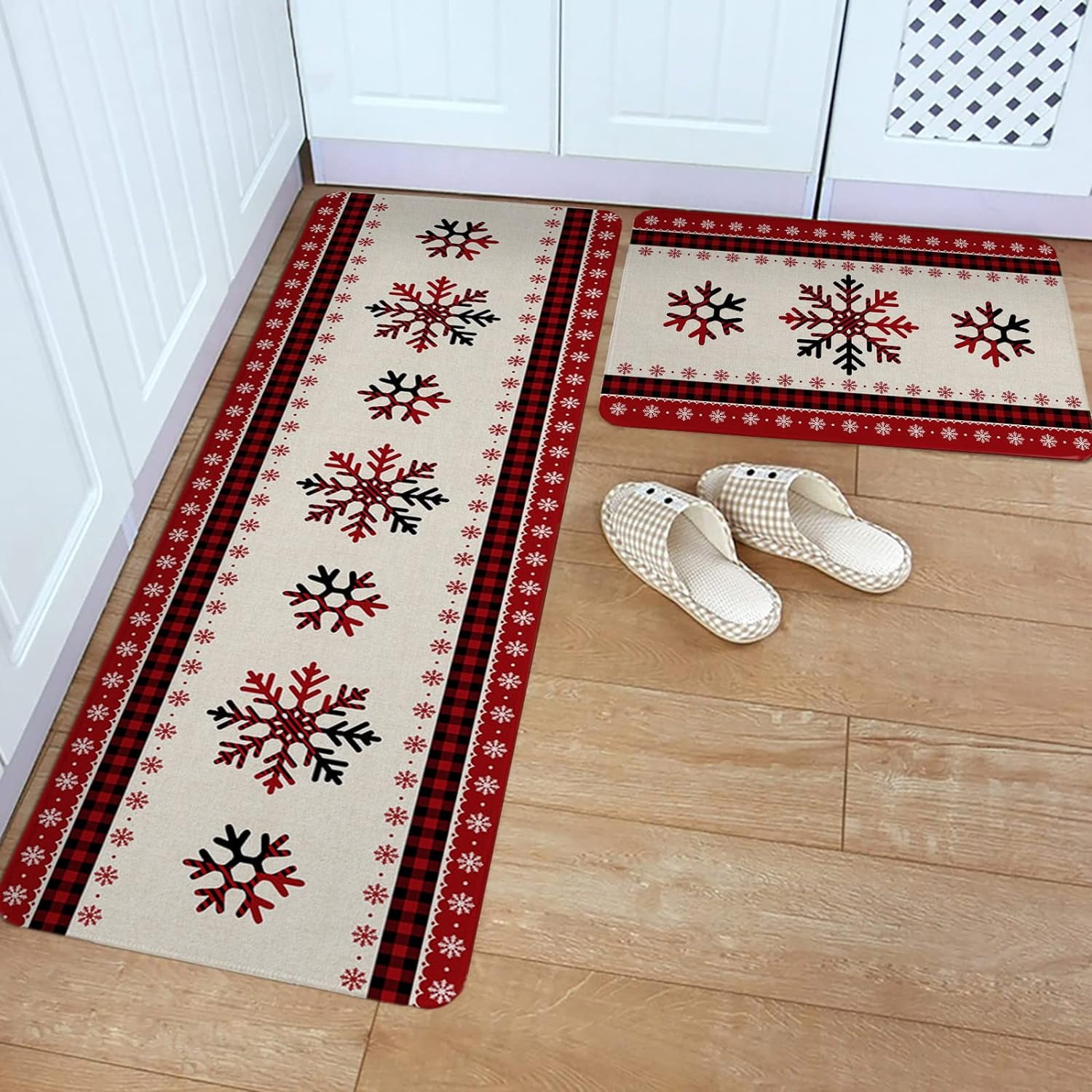 Kitchen Rug Mat Red Snowflake Theme, Set of 2, Anti-Fatigue Non-Skid ...