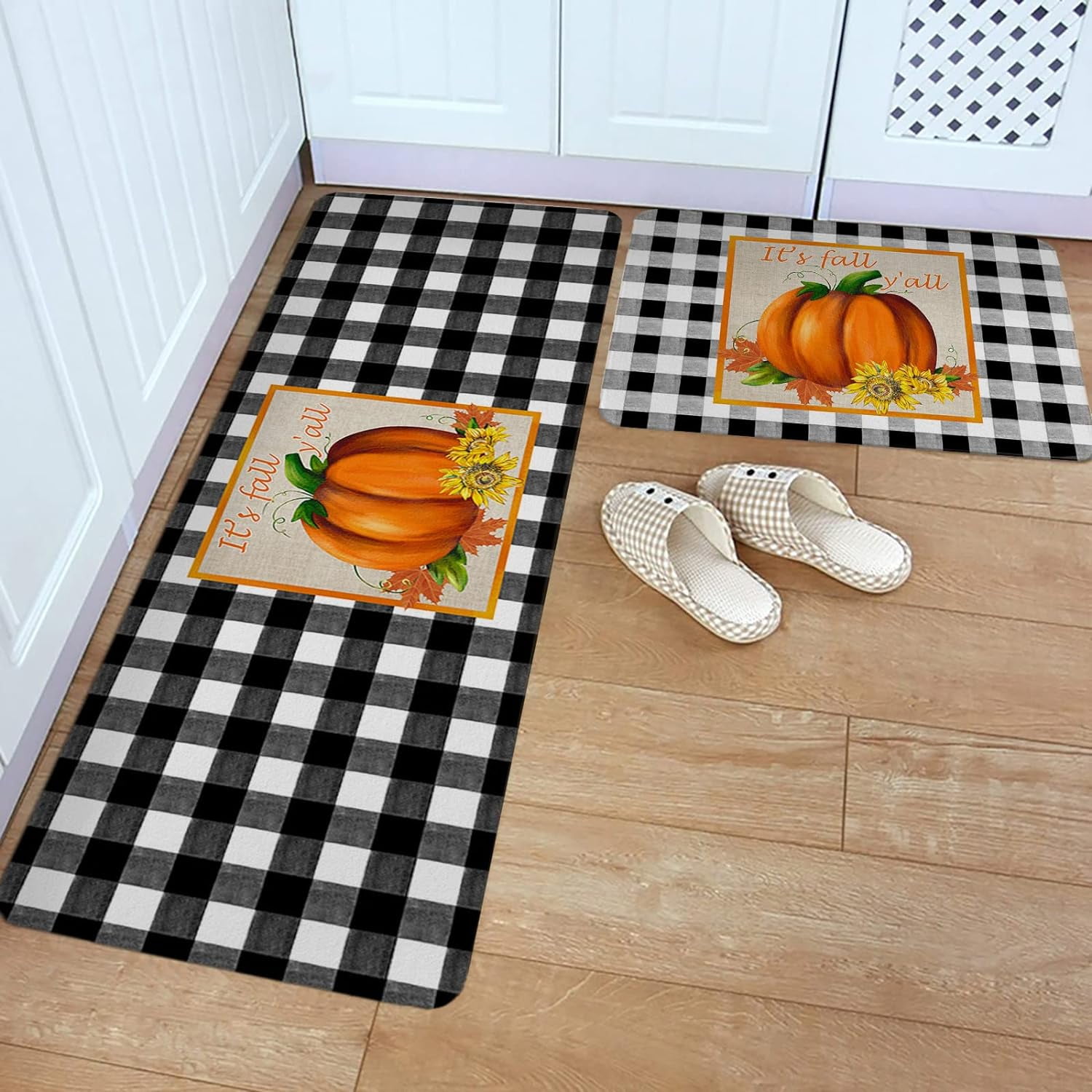 Kitchen Rug Mat Thanksgiving Harvest Pumpkins Sunflower, Set of 2, Anti ...