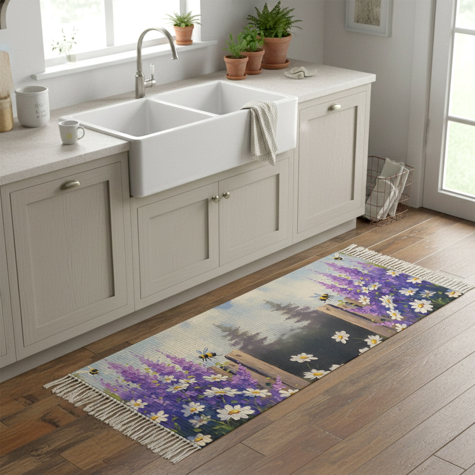 Kitchen Rug Runner 2'x 5', Purple Spring Floral Indoor/Outdoor Washable ...