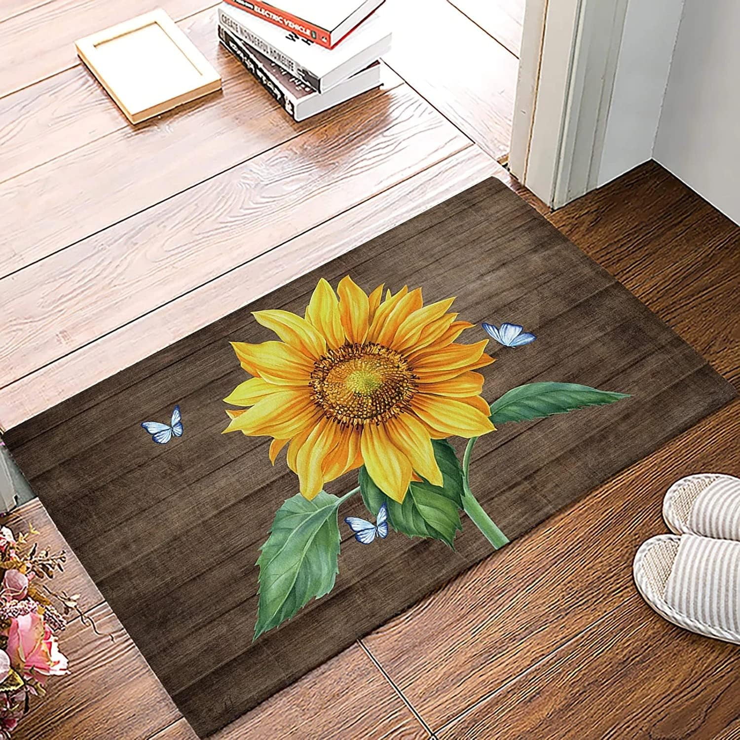 Kitchen Rug Runner Non Slip Summer Flower Spring Blue Butterfly Doormat ...