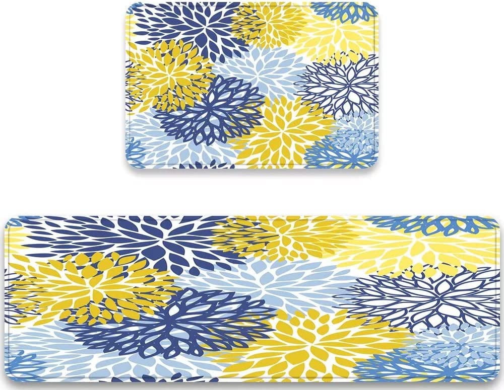 Kitchen Rug Set 2 Pieces Green Spring Floral Blue Yellow and Navy ...