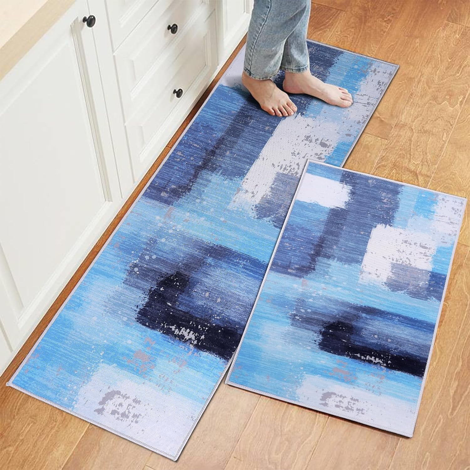 Kitchen Rugs, 2PCS Blue Kitchen Mats for Floor Bohemian Soft Comfort ...