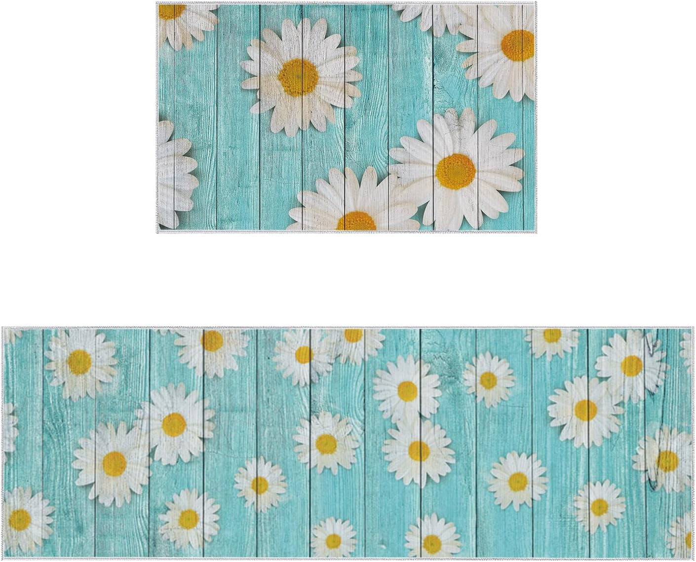 Kitchen Rugs for Floor,Farm Daisy Flower Blue Rustic Old Wooden Plank 2 ...